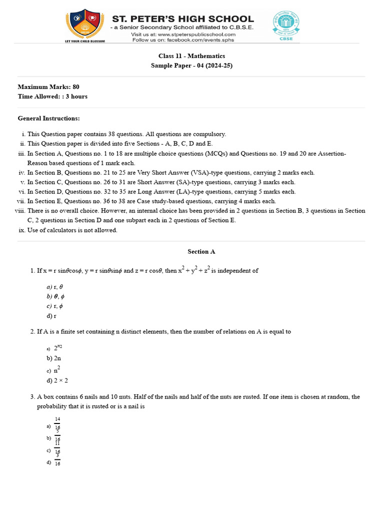 Grade 11 Math Sample Paper - 4 | PDF | Trigonometric Functions | Rectangle