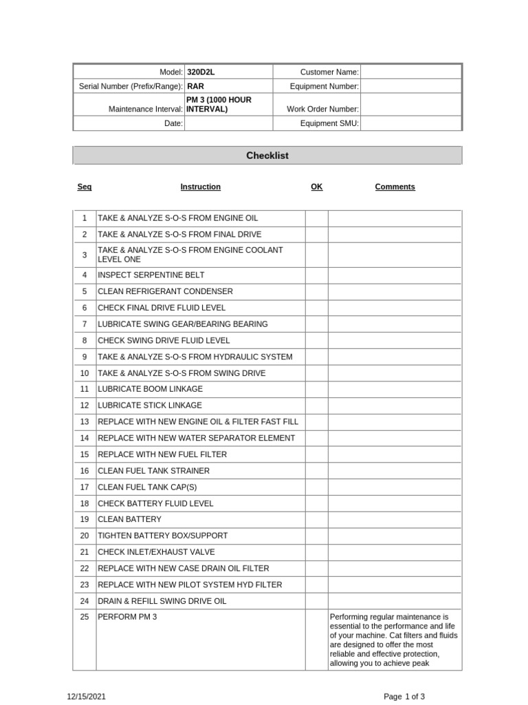 Checklist 03 320DL Rar00001 99999 PM - 3 - Metric | PDF | Motor Oil ...