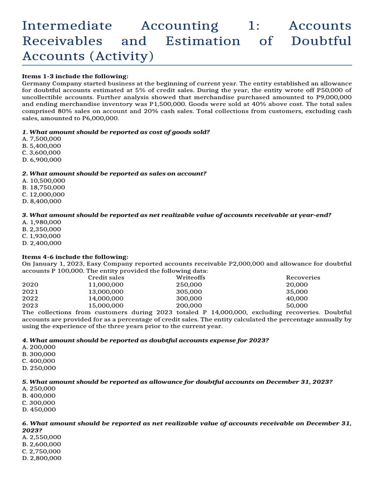 Accounts Receivable and Estimation of Doubtful Accounts Activity | PDF