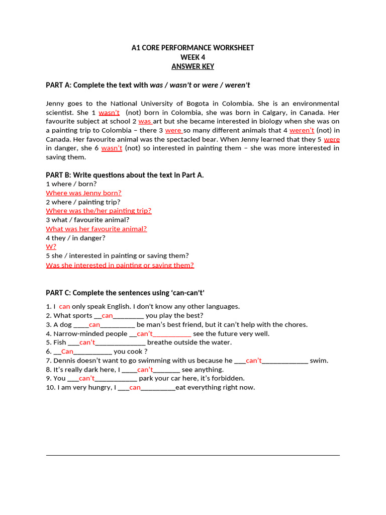 A1 Core L.-Week 4-Answer Key | PDF