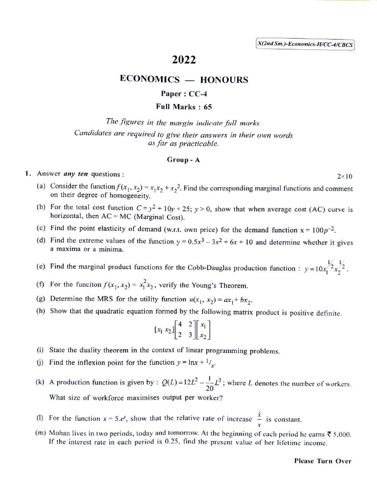 CU-2022 B.A. B.Sc. (Honours) Economics Semester-2 Paper-CC-4 QP | PDF ...