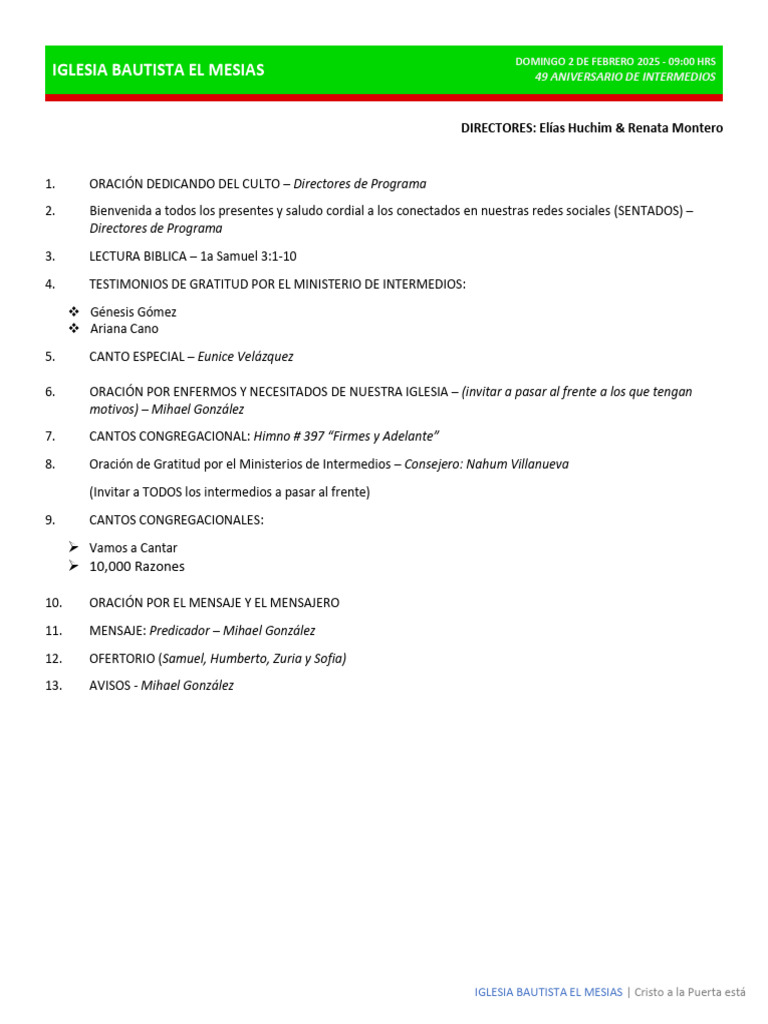 Programa Culto 2 FEBRERO 2025 - 09 hrs-1 | PDF