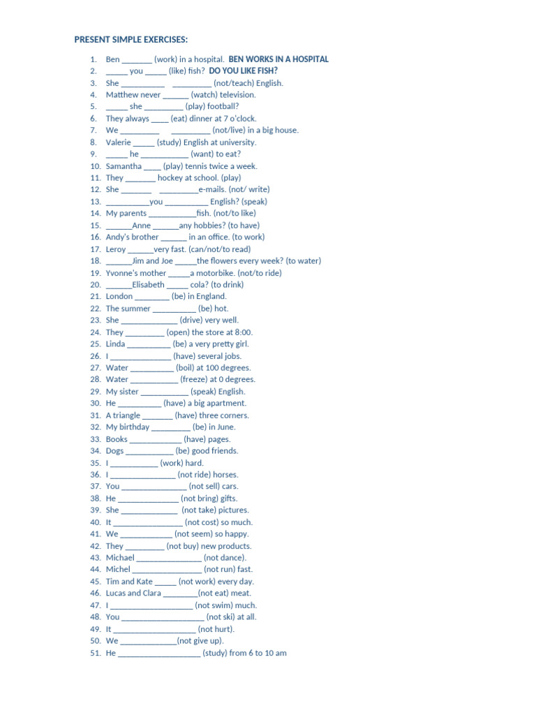 Present Simple Tense Exercises | PDF