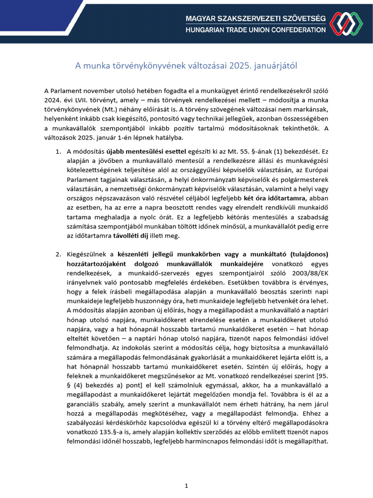 Munka Torvenykonyve Valtozasai 2025 Januar 1 Tol | PDF