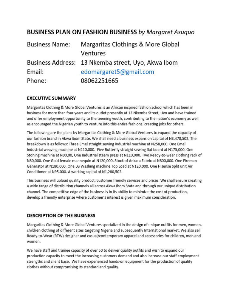 Fashion Business Plan by Margaret Asuquo Edo | PDF | Clothing | Fashion