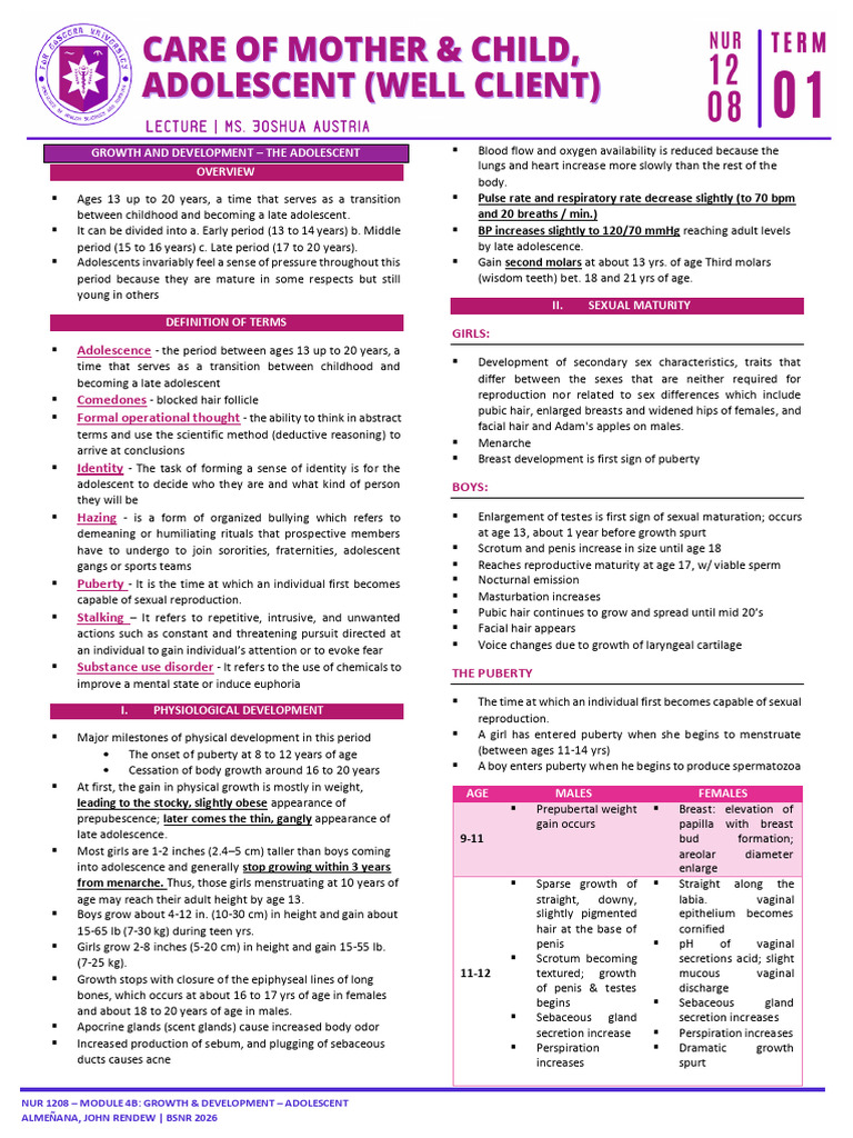 PEDIA - Module 4B - GROWTH AND DEVELOPMENT - ADOLESCENT | PDF ...