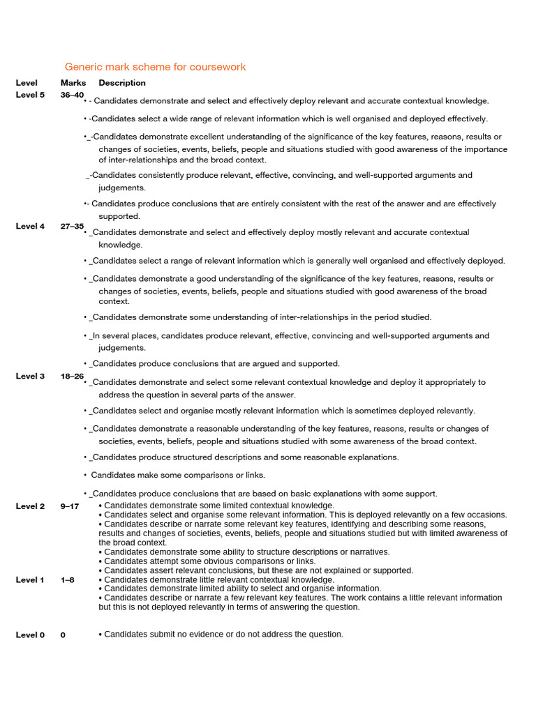 IGCSE Generic Mark Scheme For Coursework | PDF | Knowledge | Reason