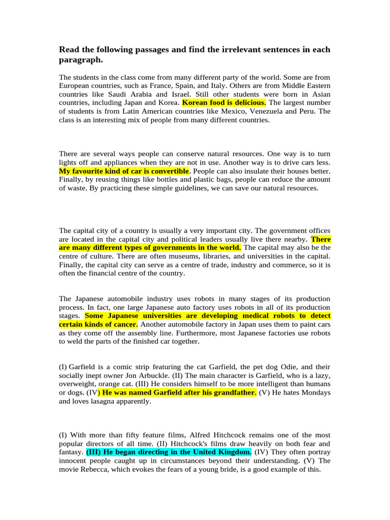 Read The Following Passages and Find The Irrelevant Sentences in Each ...