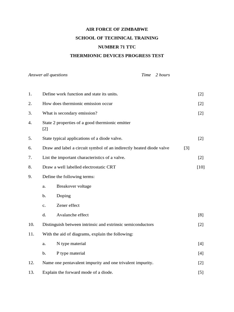 Thermionic Devices Progress Test Guide | PDF