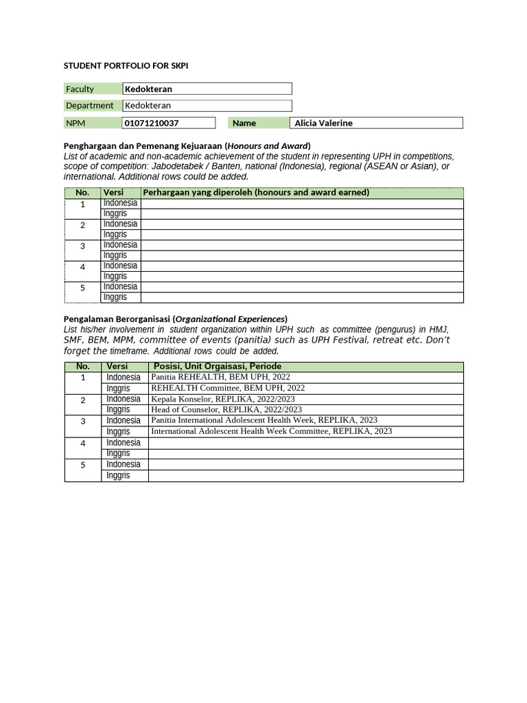 Faculty Department Kedokteran NPM: Student Portfolio For Skpi ...