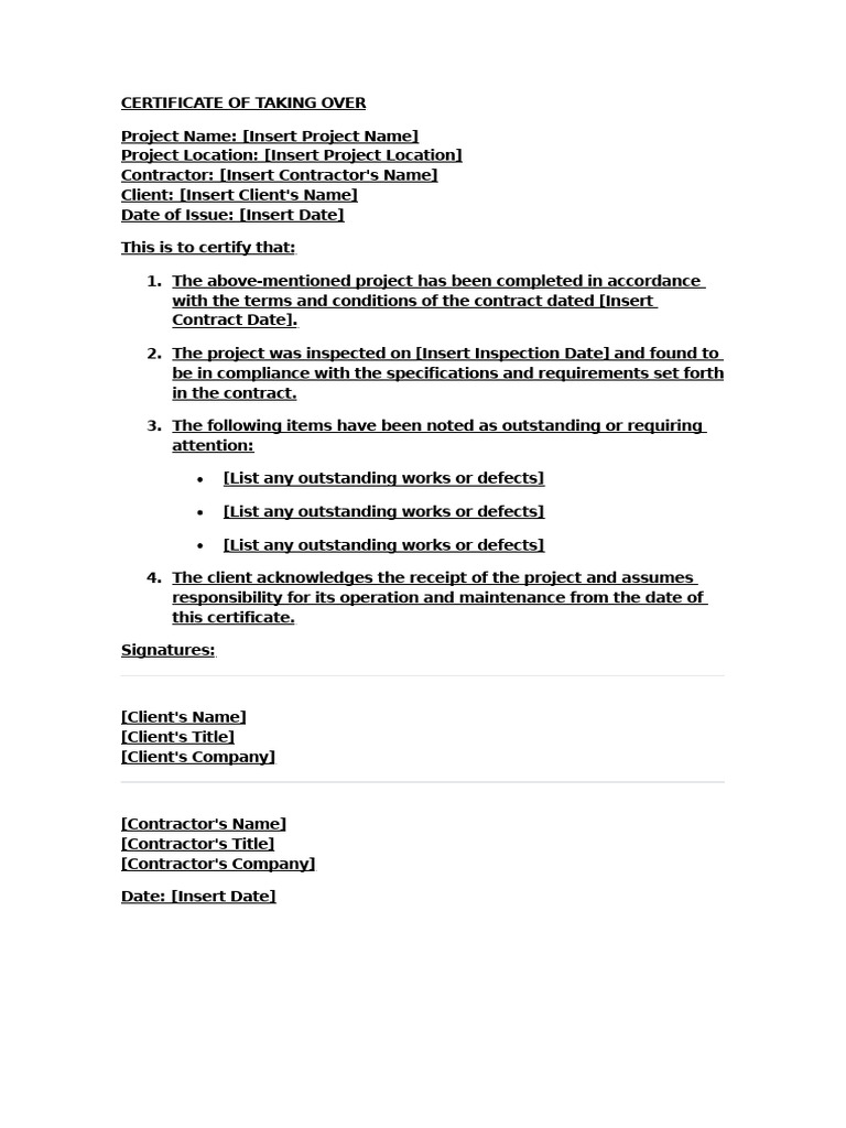 Taking Over Certificate Format | PDF