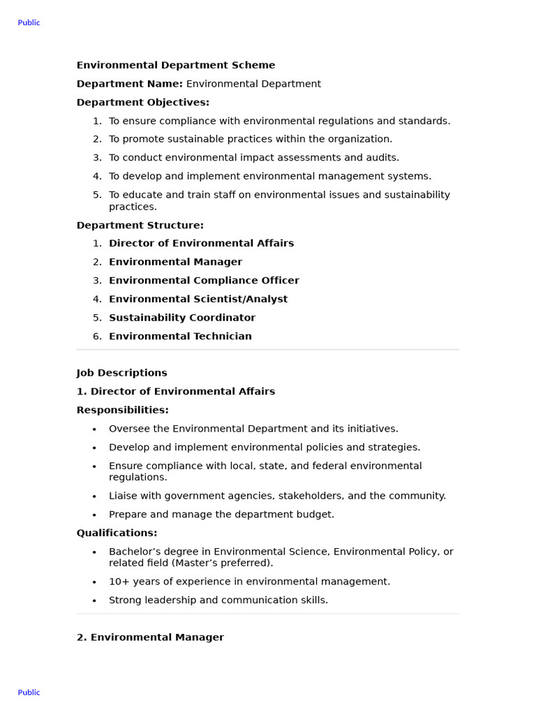 Environmental Department Job Descriptions | PDF | Regulatory Compliance ...
