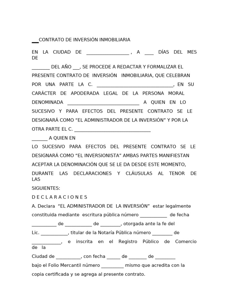 CONTRATO DE INVERSIÓN INMOBILIARIA | PDF | Inversiones
