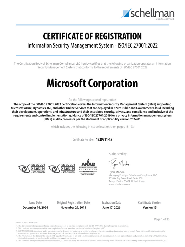 Microsoft Azure ISO 27001 Certification | PDF | Microsoft Azure ...