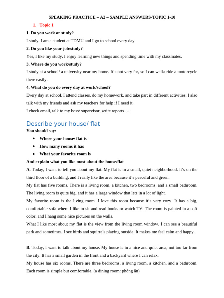 SAMPLE ANSWER-TOPIC 1-10-A2 SPEAKING TOPICS | PDF | Singing | Bali
