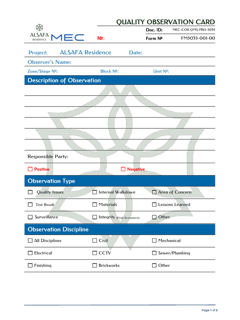 QUALITY OBSERVATION CARD Final | PDF