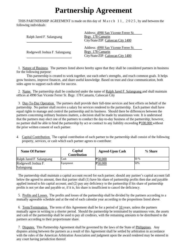Partnership Agreement Template | PDF | Partnership | Arbitration