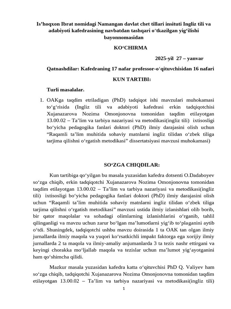 Kafedra ko'chirma Nozima tayyor | PDF