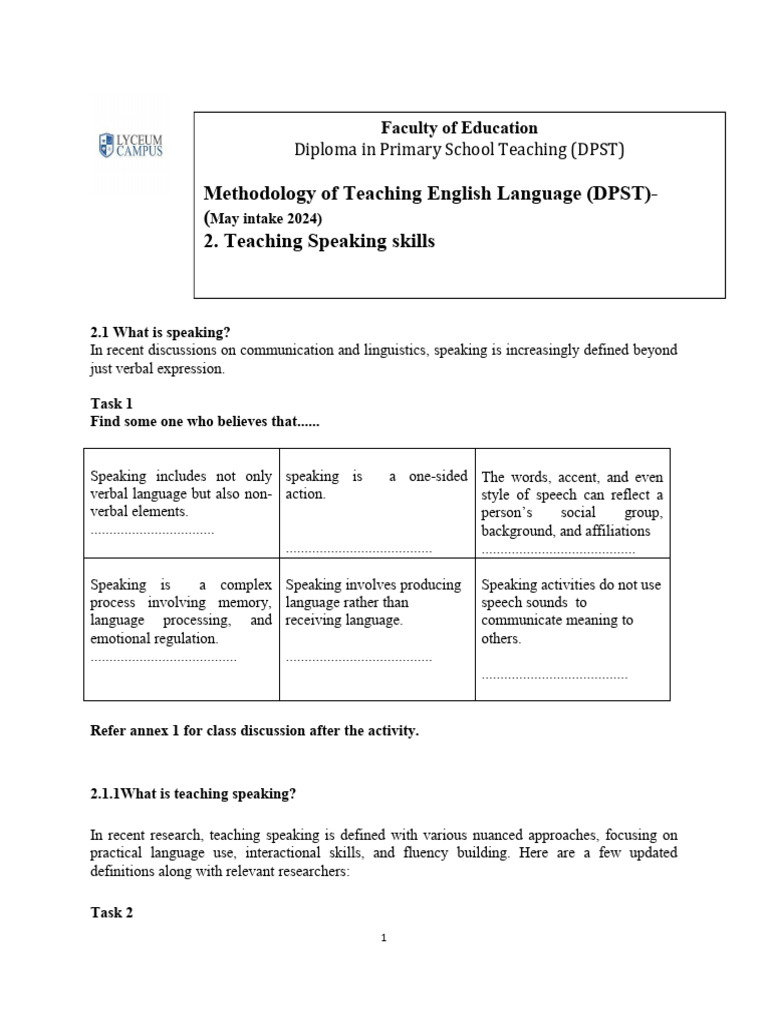 MTEL (DPST) May Intake 2024-Day 2-Teaching Speaking | PDF | Fluency | Learning