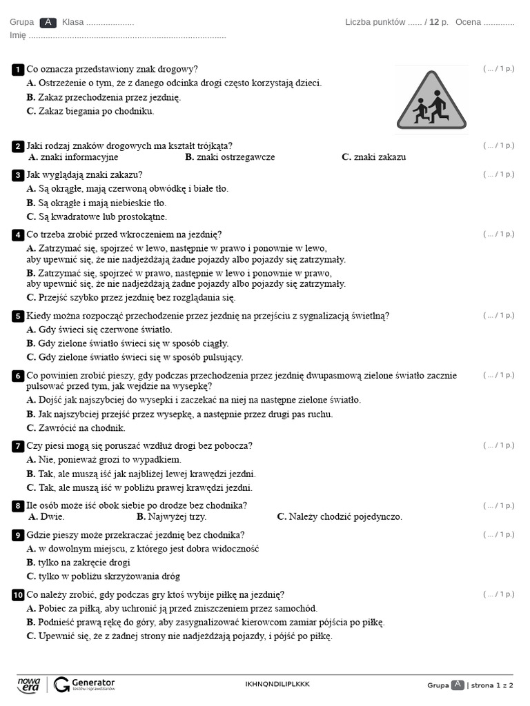 Sprawdzian - I. Bezpiecznie W Szkole I Na Drodze (Tematy 3-6) Test (Z ...