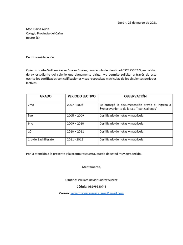 Petición de Calificaciones William Suárez | PDF