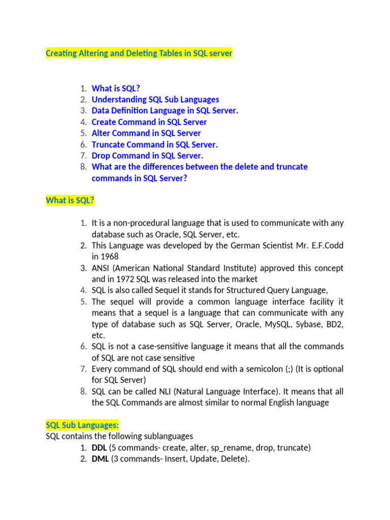 Creating Altering and Deleting Tables in SQL Server | PDF | Sql | Databases