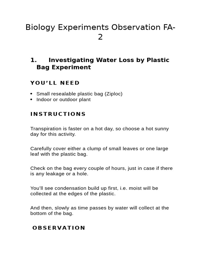 Biology Experiments Observation FA-2 | PDF | Leaf | Water