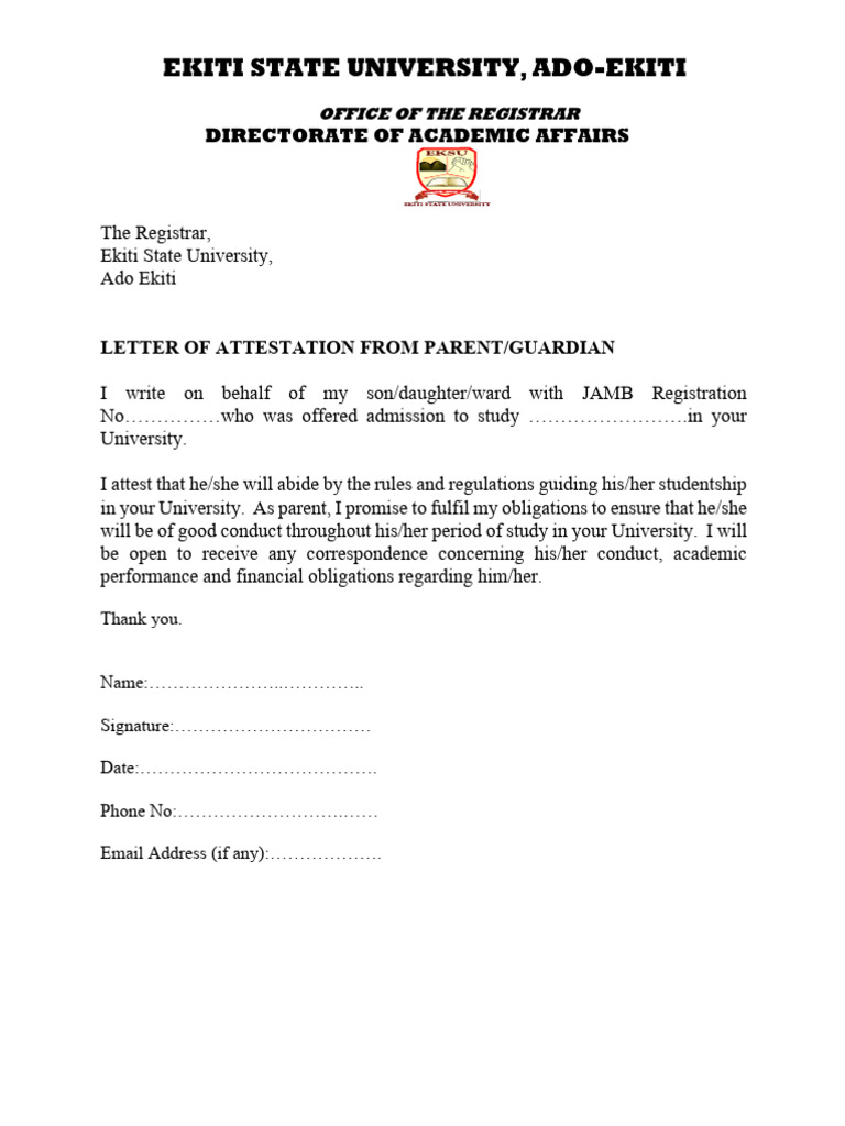 EKSU Parent Attestation Letter Template | PDF