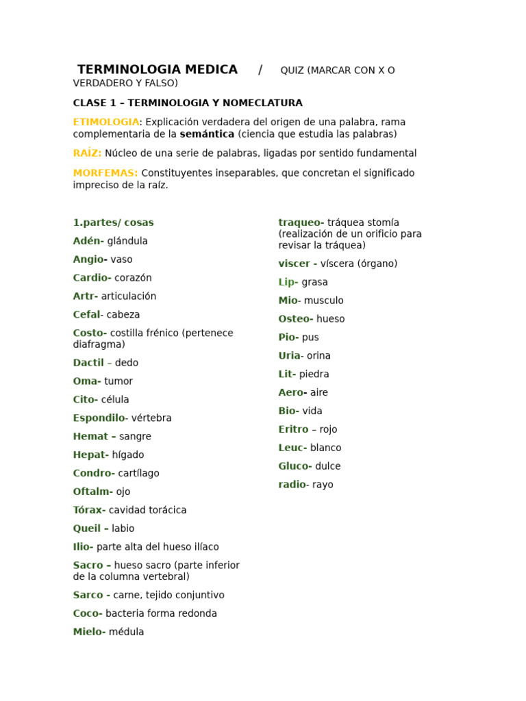 RESUMEN TERMINOLOGIA MEDICA CLASES 1 A LA 5 | PDF | Términos anatómicos ...