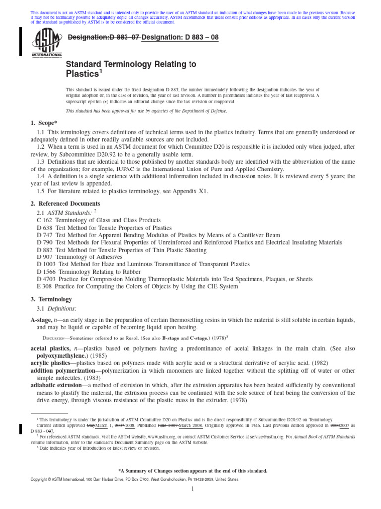 D 883 - 08 Standard Terminology Relating to Plastics RED LINE | PDF | Polymers | Plastic