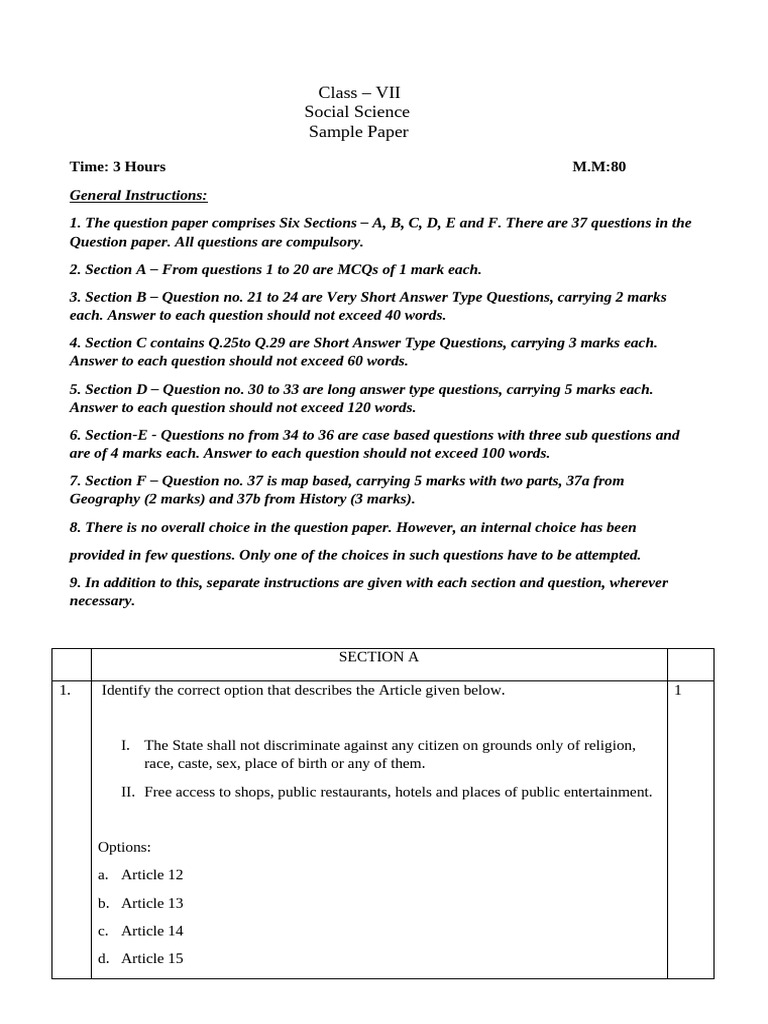 Sample Paper - SSC - Class 7 - 2024-25 | PDF