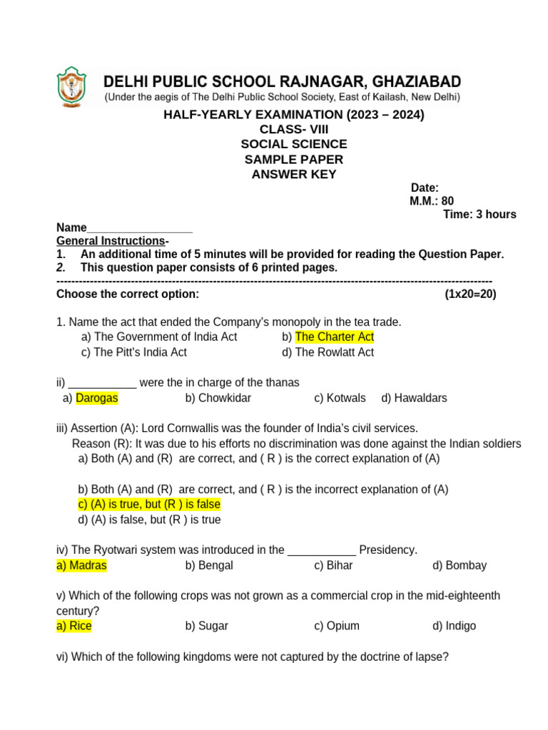 Answer Key Sample Paper | PDF