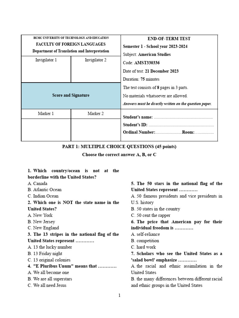 American Studies FinalTest 21.12.2023 | PDF | Employment