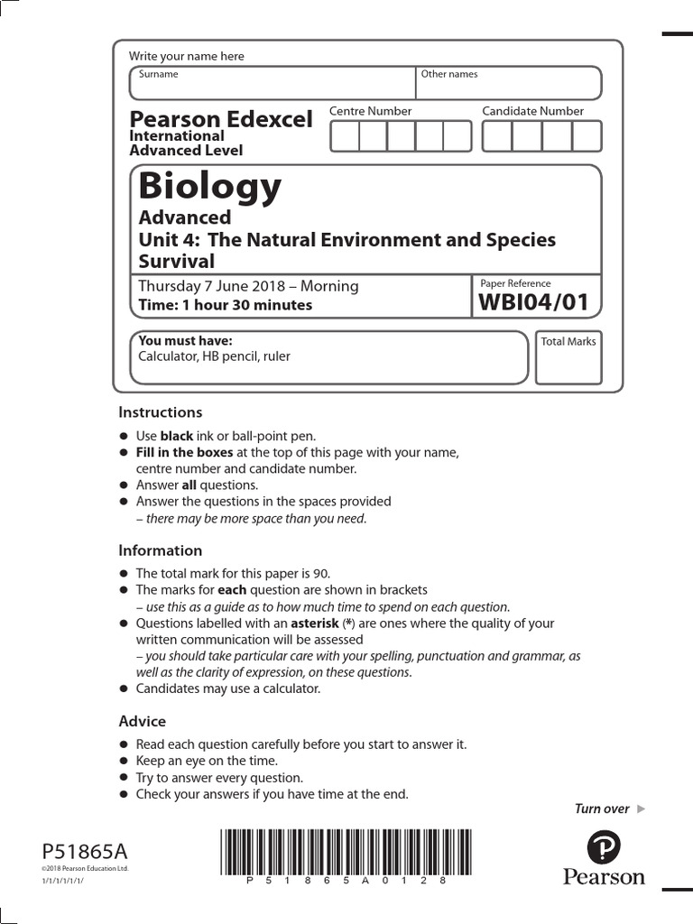 June 2018 (IAL) QP - Unit 4 Edexcel Biology A-Level | PDF | Photosynthesis | Physical Sciences