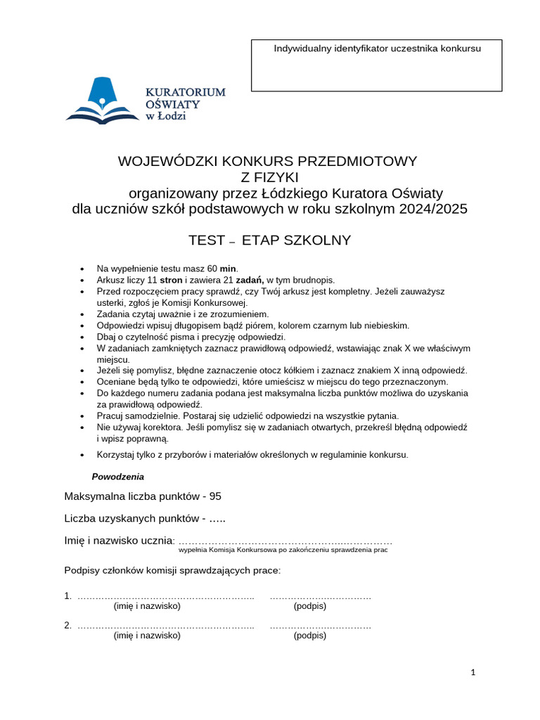 Test Etap Szkolny Wojewodzki Konkurs Przedmiotowy Z Fizyki 2024 2025 | PDF