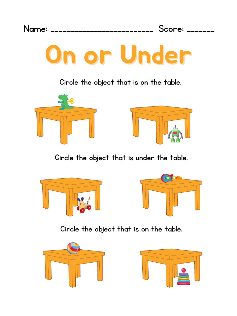 Yellow Illustrated On and Under Preposition Worksheet | PDF