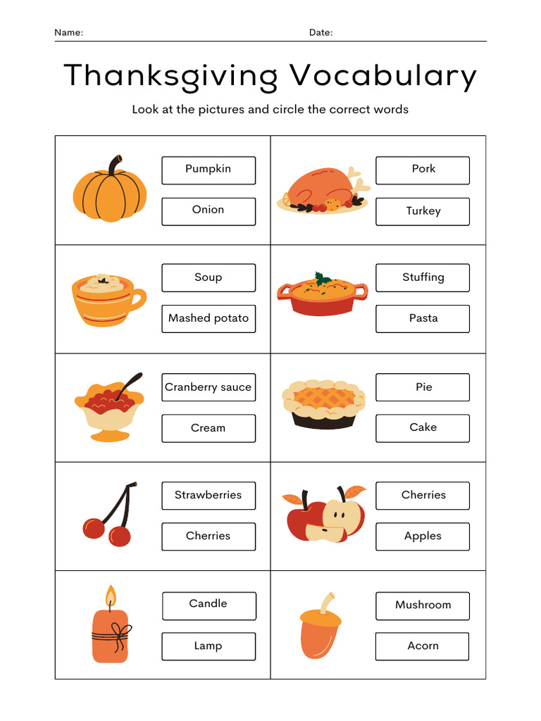 Thanksgiving Vocabulary Activities | PDF | Turkey Meat | Food And Drink ...
