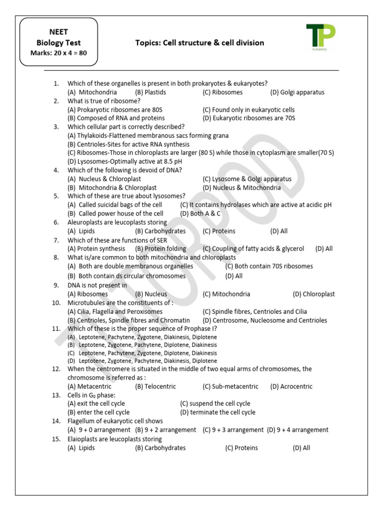 Cell Structure & Division Quiz | PDF | Cell (Biology) | Meiosis