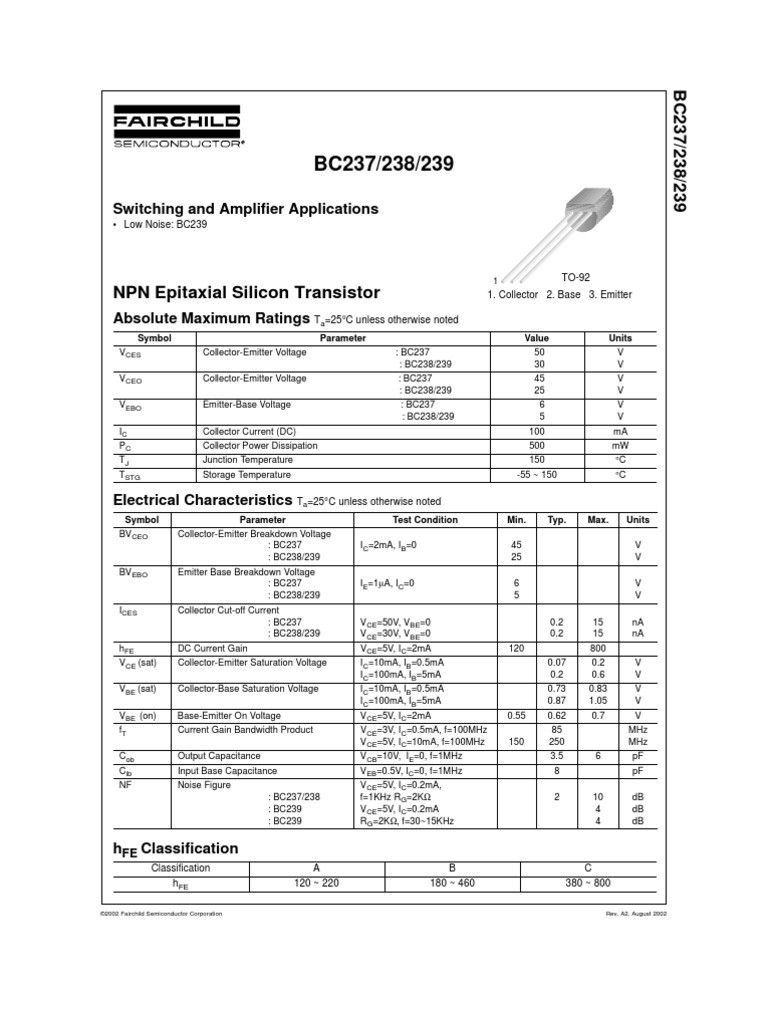 BC238 | PDF | Bipolar Junction Transistor | Amplifier