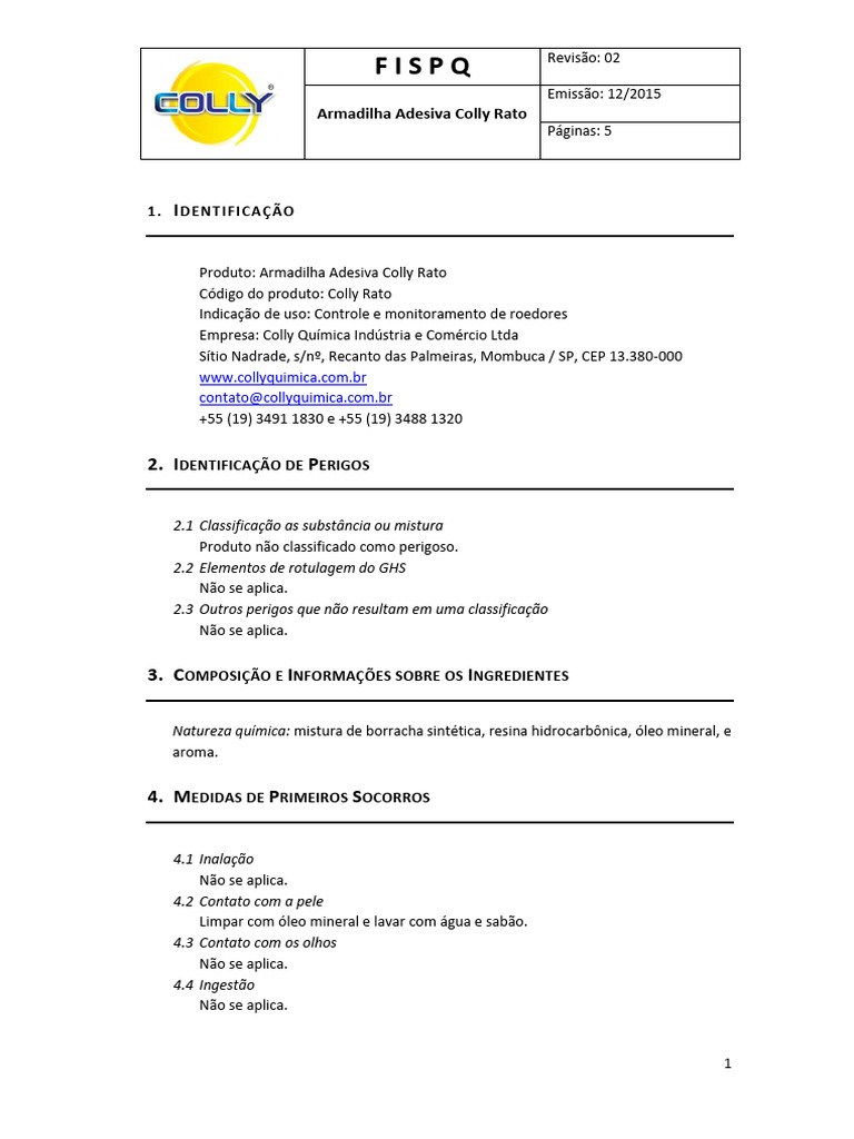 FISPQ Armadilha Adesiva Colly Rato - Rev02 | PDF | Incêndios | Química