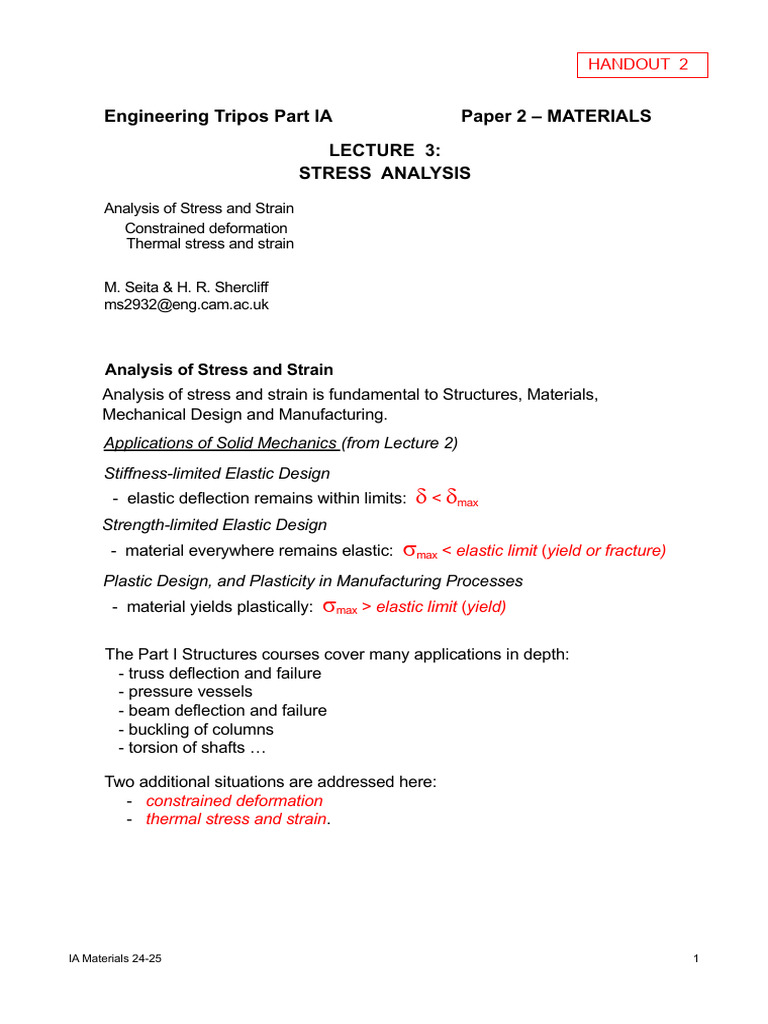 IA Materials Handout 2 (Stress Analysis) 2024-25 (Complete) | PDF | Thermal Expansion | Stress ...
