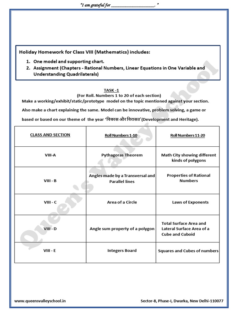 Class VIII Mathematics Holiday Homework | PDF | Rectangle | Equations