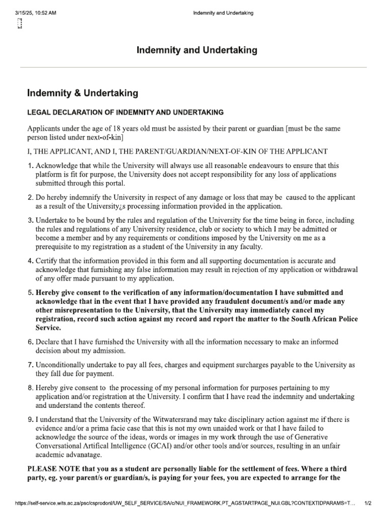 Indemnity WITS form | PDF