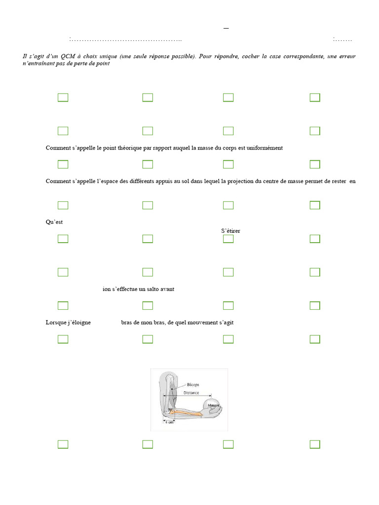 QCM Biomécanique - Examen Continu 29/02 | PDF | Masse | Muscle
