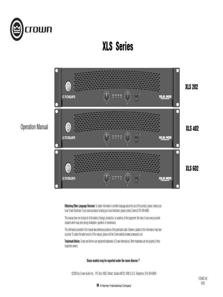 CROWN XLS-Series-Operation-Manual-xls2u1sp_original | PDF | Electrical ...