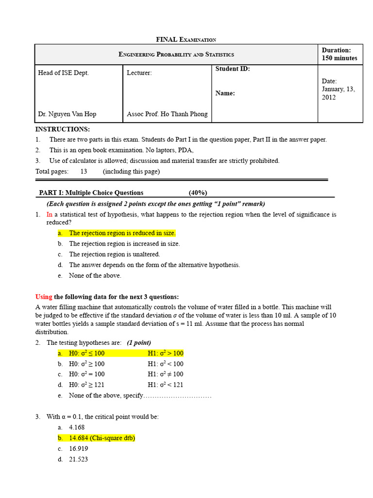 FINAL Examination 2012 | PDF | Type I And Type Ii Errors | Errors And ...