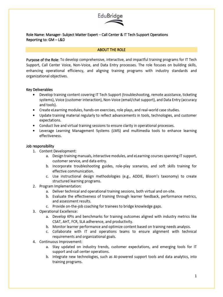 Job Description - SME - Call Center Operations | PDF | Educational ...