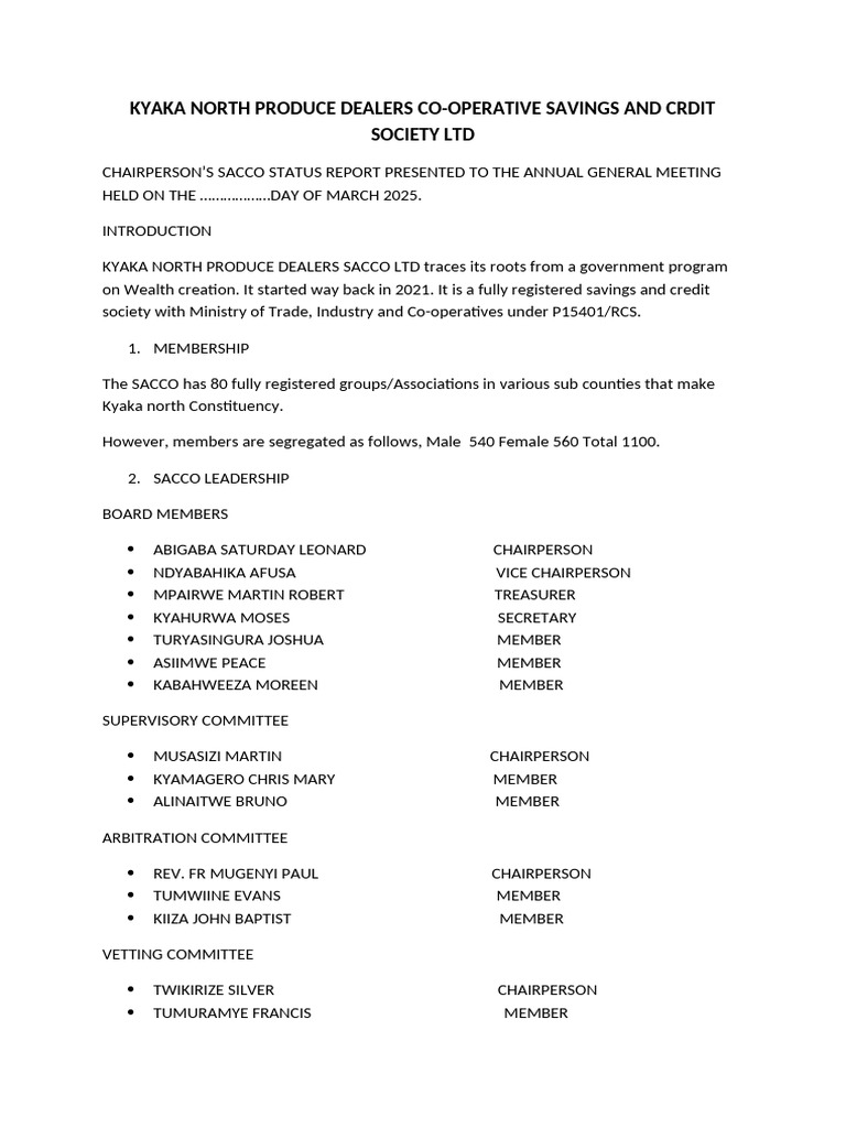 Kyaka North SACCO Status Report 2025 | PDF | Money | Banking