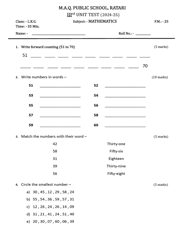 L.K.G. Mathematics Unit Test 2024-25 | PDF