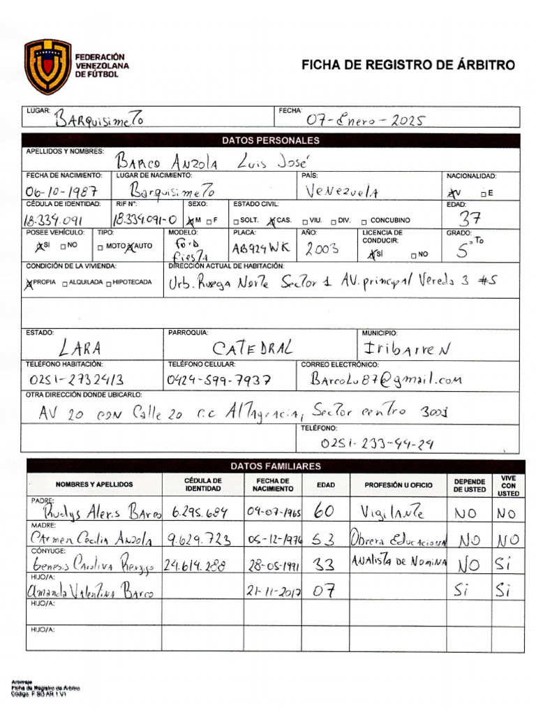 7 F.SO.AR.1.V1 Ficha de Registro de Árbitro | PDF